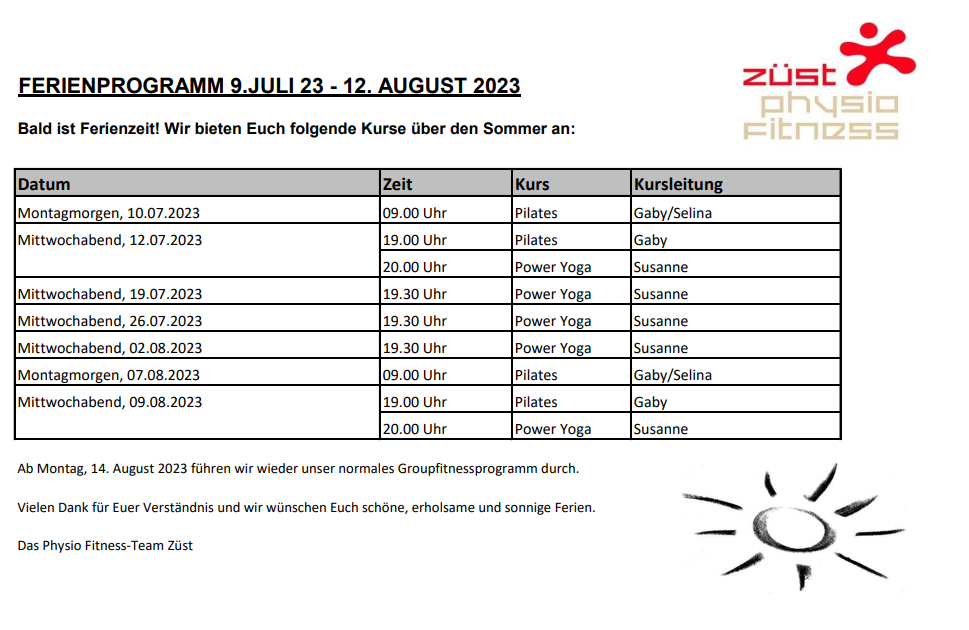 Groupfitness Sommerprogramm :: Züst Physio Fitness Mels